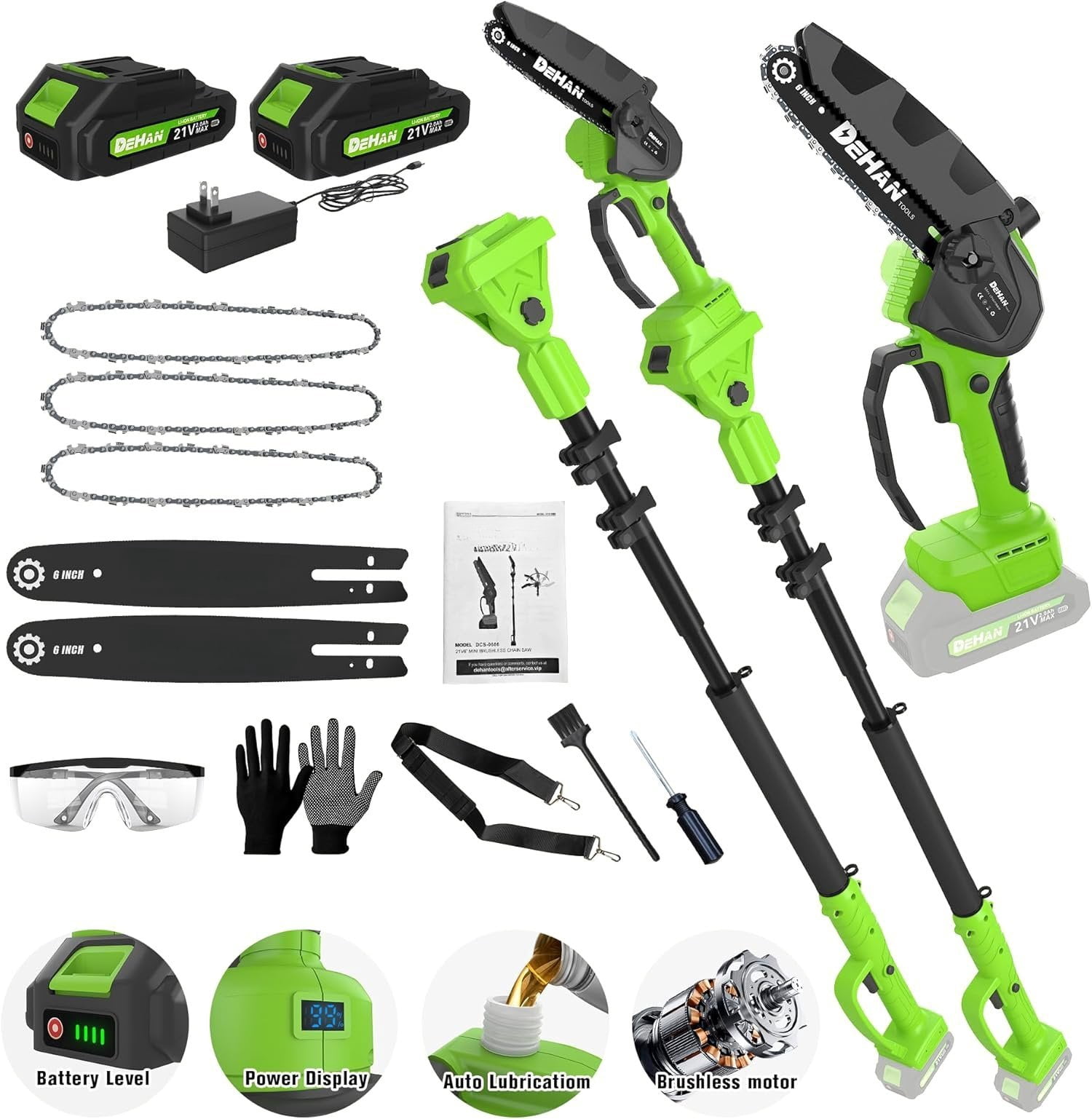 2 IN 1 Pole Brushless 21V Cordless with Rotatable Pole 15FT Reach ...