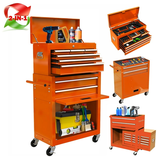 Seizeen 2-in-1 Rolling Tool Chest, Stainless Steel Toolbox, 8 Drawers, Mobile Storage on Wheels ...