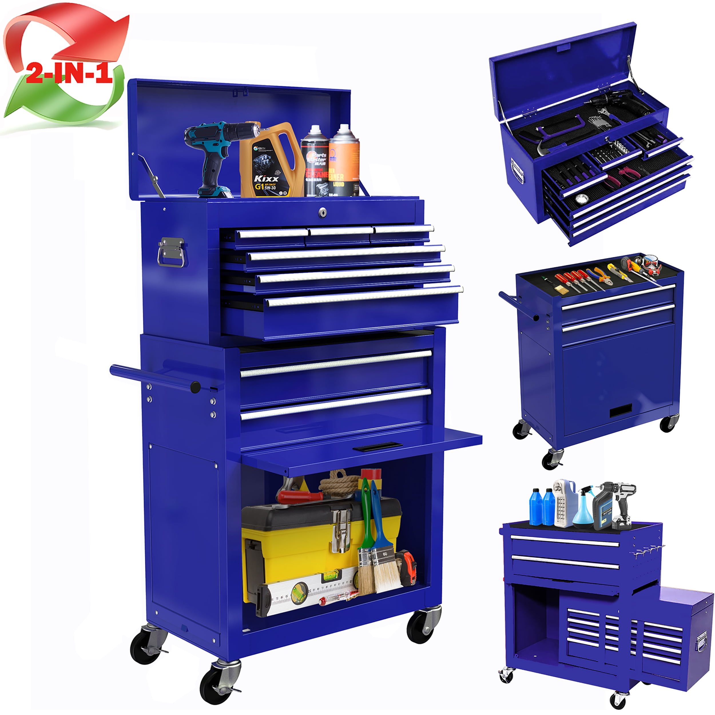 Seizeen 2-in-1 Mobile Tool Chest, Stainless Steel Storage Box on Wheels ...