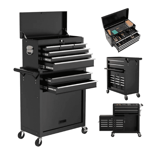 Mobile Big Tool Box, 2-in-1 Roller Tool Chest & Cabinet, 8-Drawer Rollaway Bottom Organizer with ...