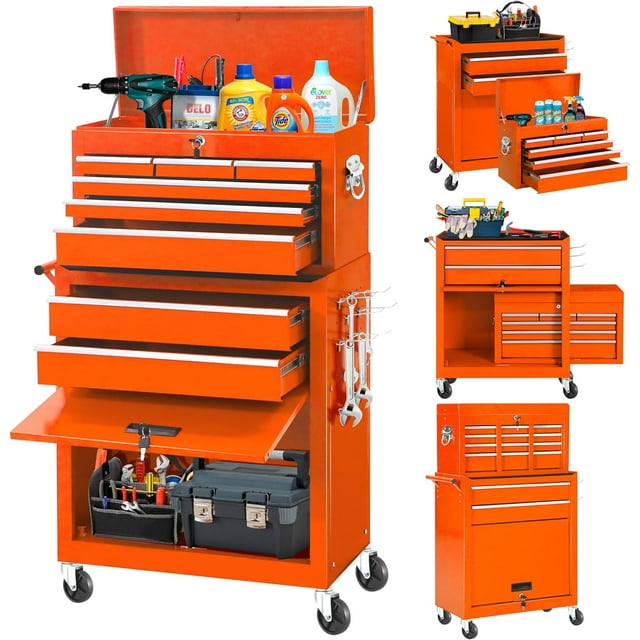 2-IN-1 Detachable Tool Chest & Cabinet, 8-Drawer Rollaway Mobile System, Lockable with Wheels ...
