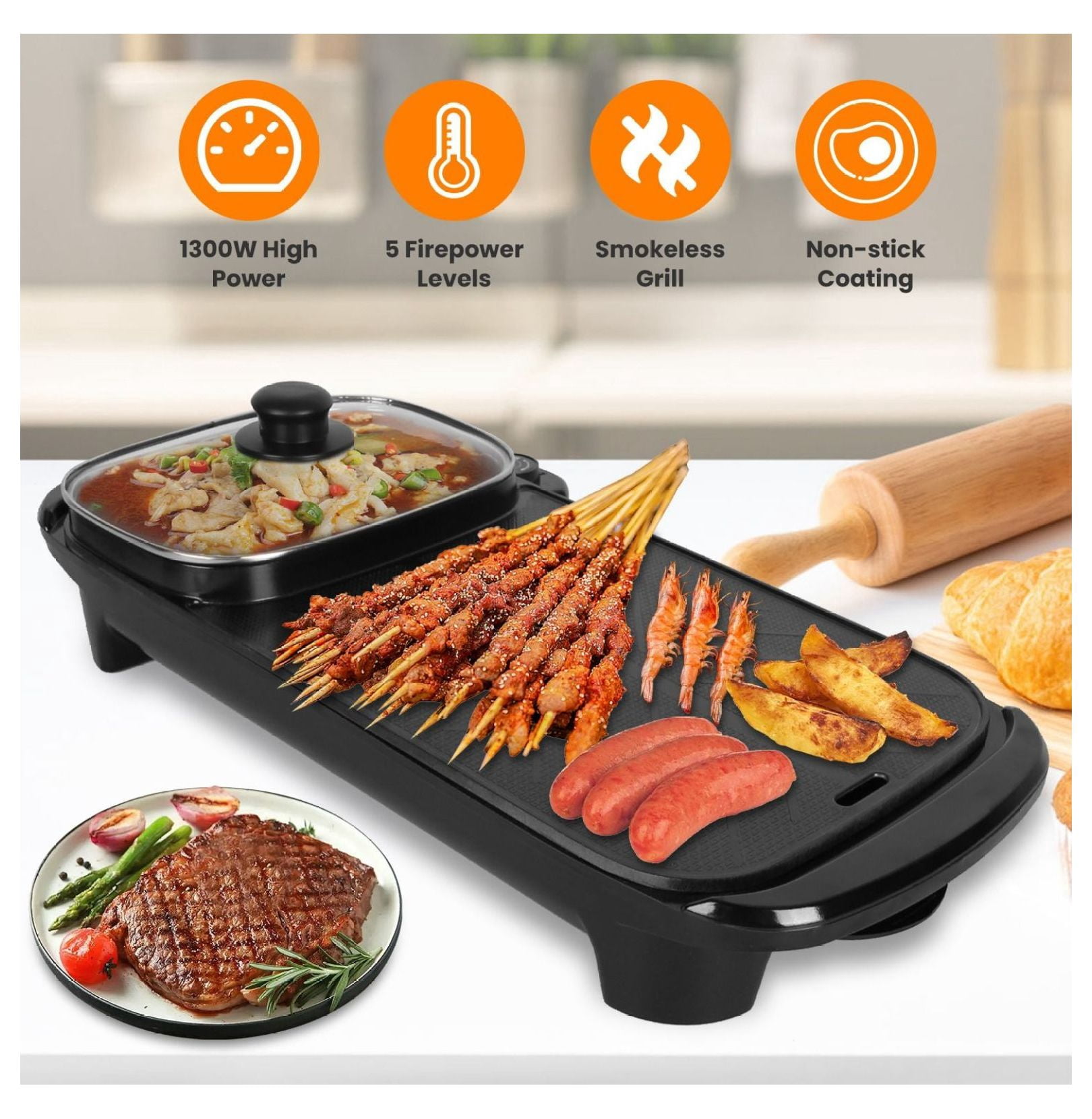 2 In 1 1300W Electric Hot Pot with Grill Smokeless Non-Stick Korean BBQ ...