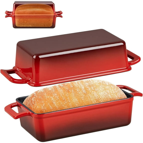 2-In-1 9 x 5 Inch Cast Iron Loaf Pan with Lid (Red), Bread Loaf Pans for Baking Homemade ...