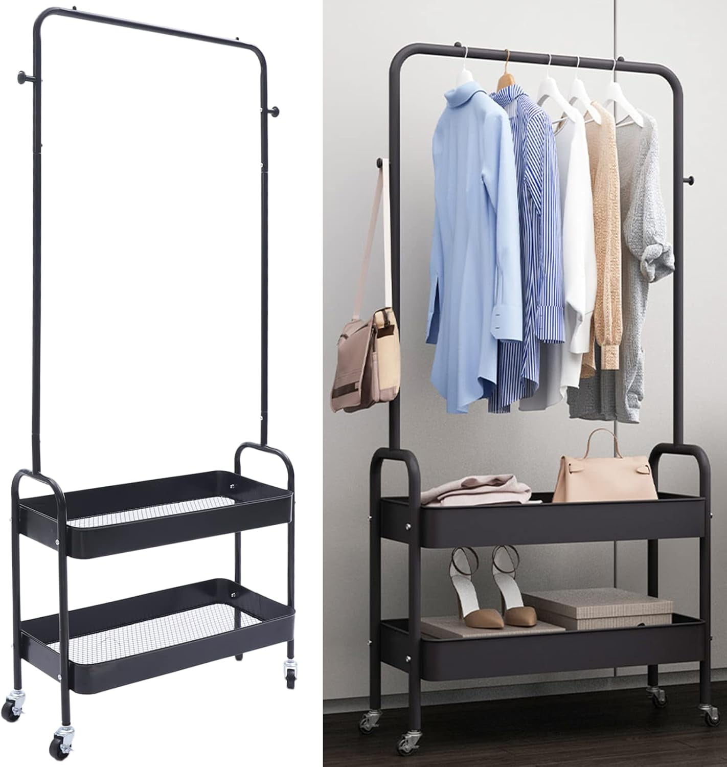 2-In 1 Clothing Garment Rack with Shelves, Metal Cloth Hanger Stand ...