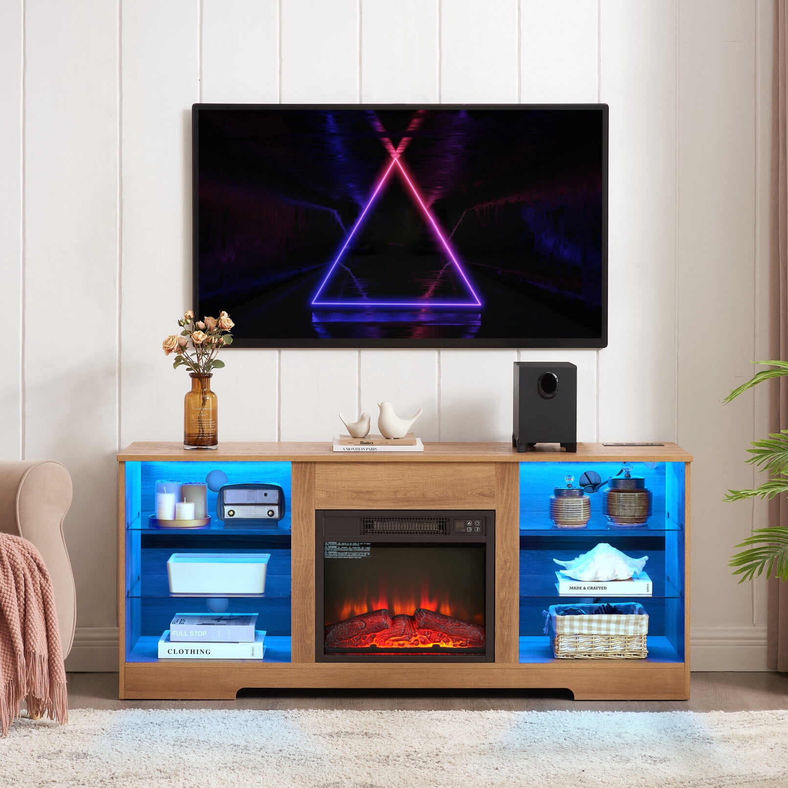 2 In 1 TV Stand with Electric Fireplace, Wood Entertainment Center with ...
