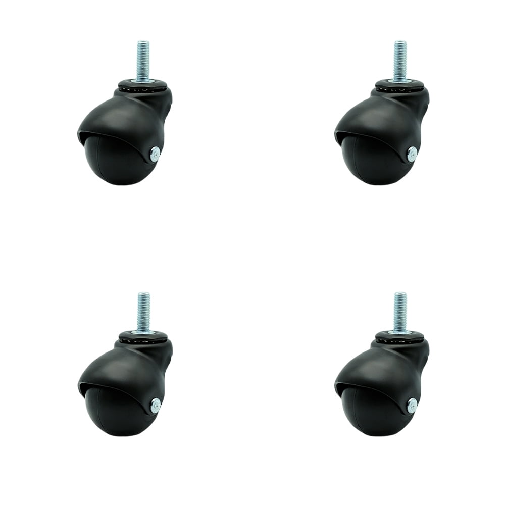2 Inch Flat Black Hooded 3/8 Inch Threaded Stem Ball Casters Set of 4 ...