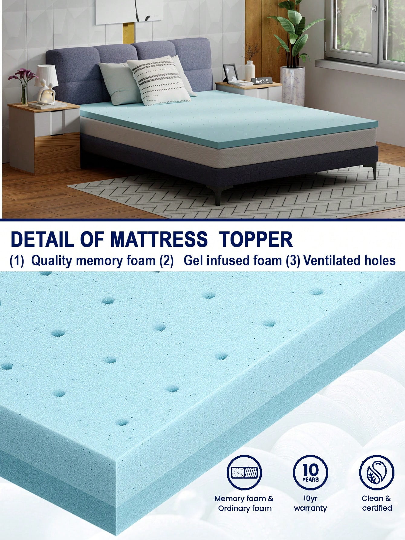 2 Inch Gel Memory Foam Mattress Topper,Memory Foam Mattress Pad ...