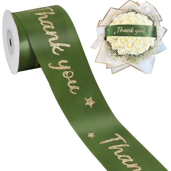 2 Inch Sage Glitter Satin Ribbon with Printed Thank You, 10 Yards Moss ...