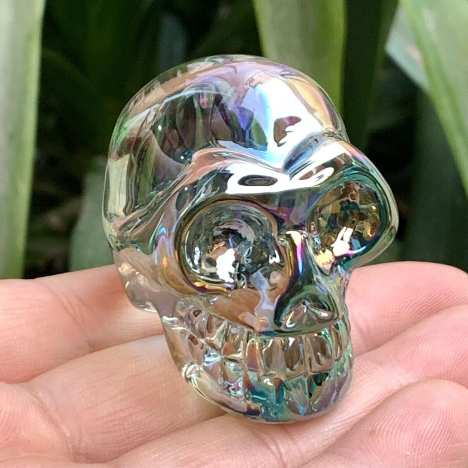 2 Inch Titanium Fused Quartz Hand Engraved Skull Crystal Reiki Healing ...