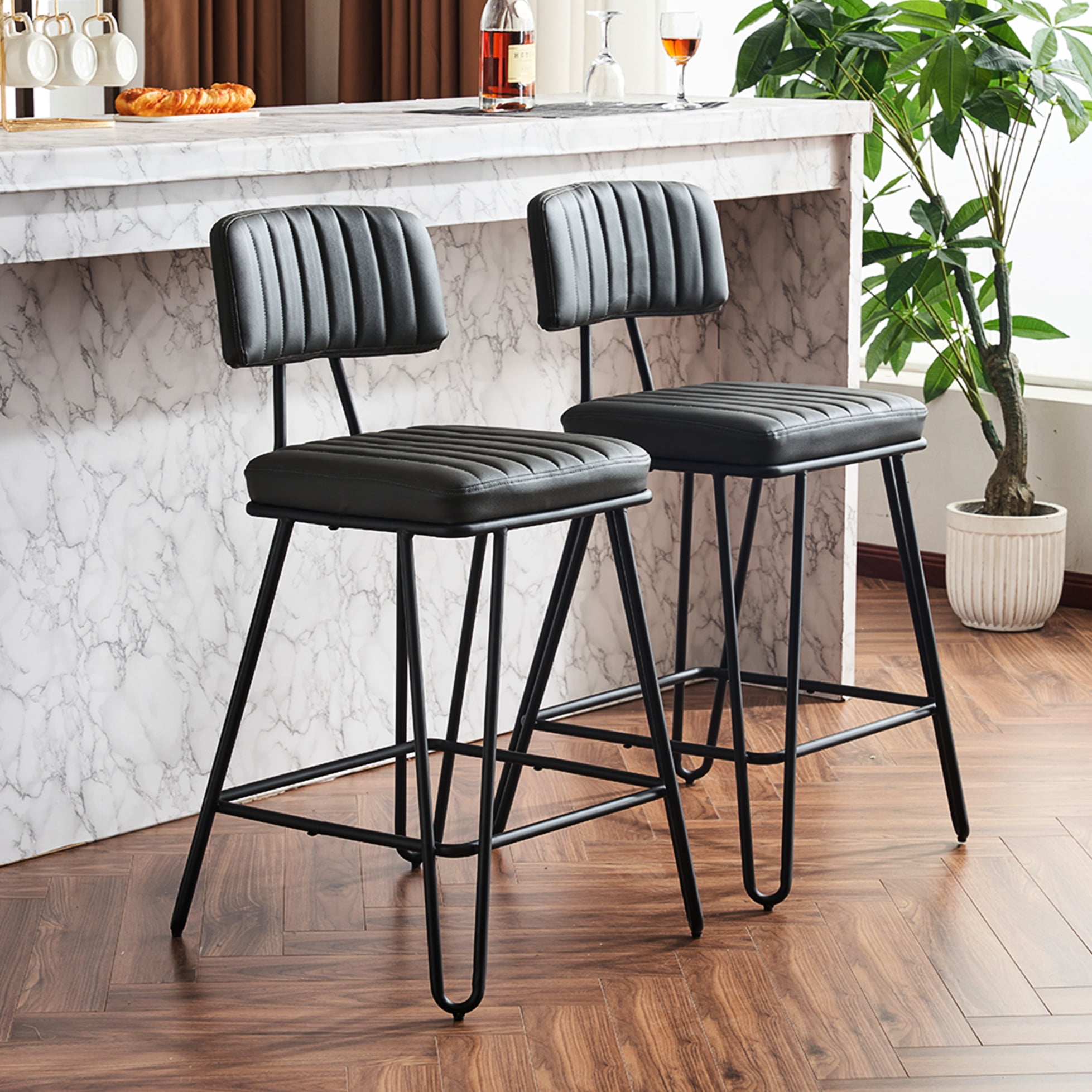 Of 2 Industrial Bar Stools, Counter Height Chairs With Grey Fabric ...