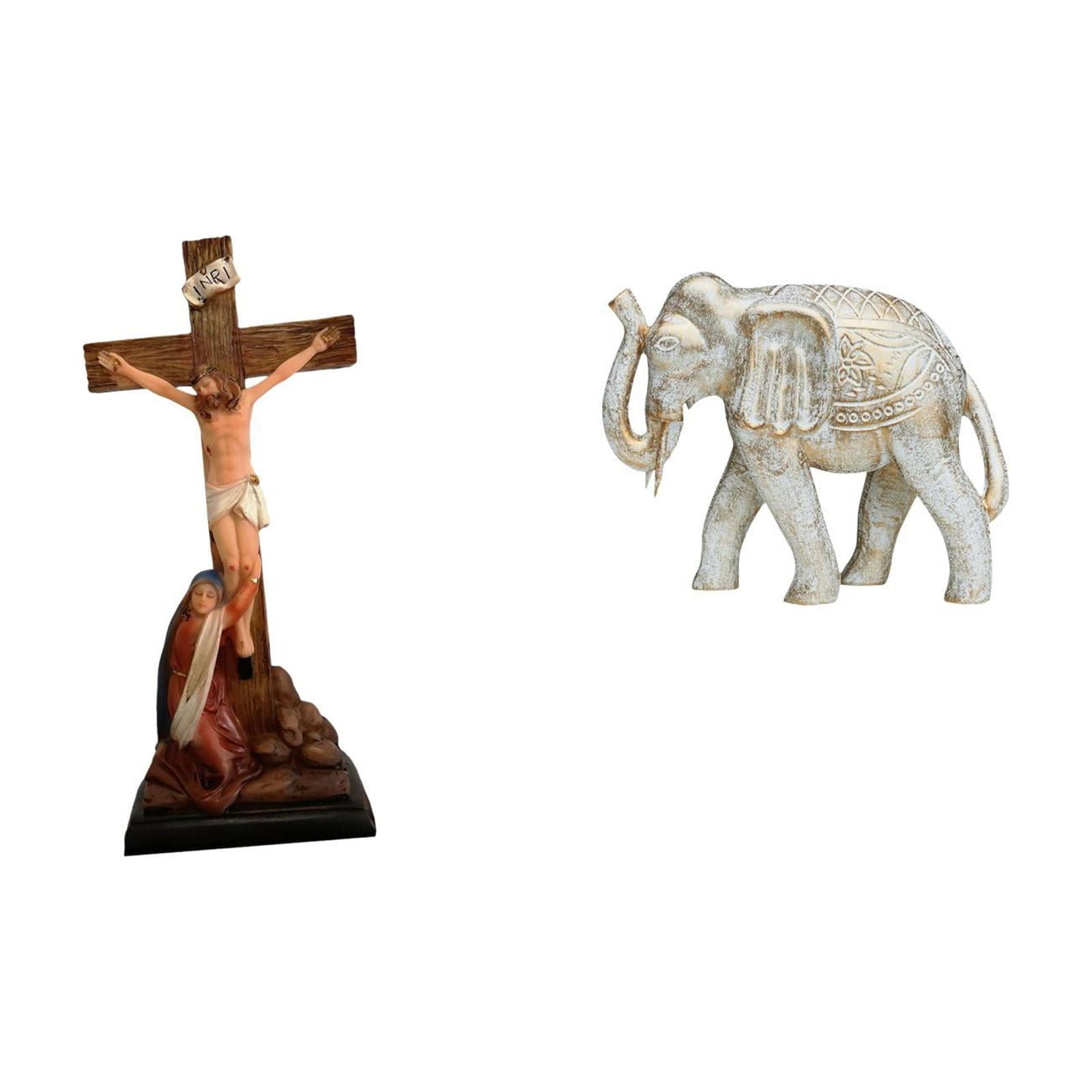 2 Items Mother Mary Statue Elephant Figurine Religious Collection Wood ...