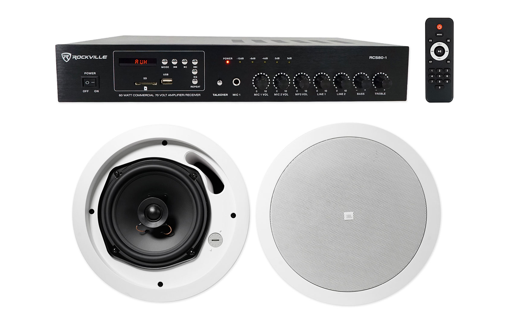 (2) JBL 6.5" White Commercial Ceiling Speakers+Amp 4 Restaurant/Office ...