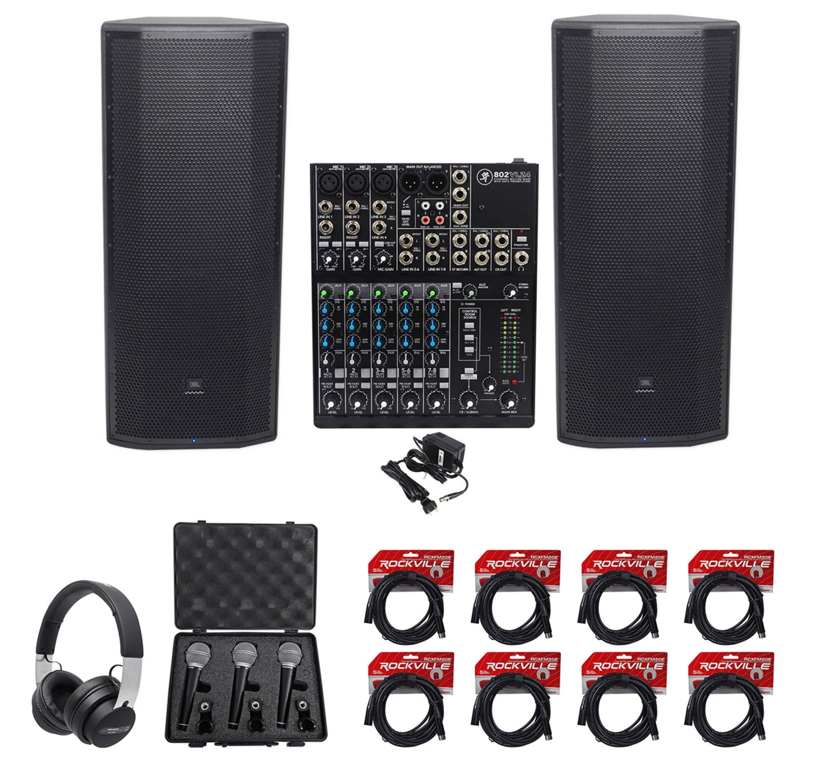 (2) JBL Pro PRX825W Dual 15 3000w Powered Speakers Bundle with Mackie ...