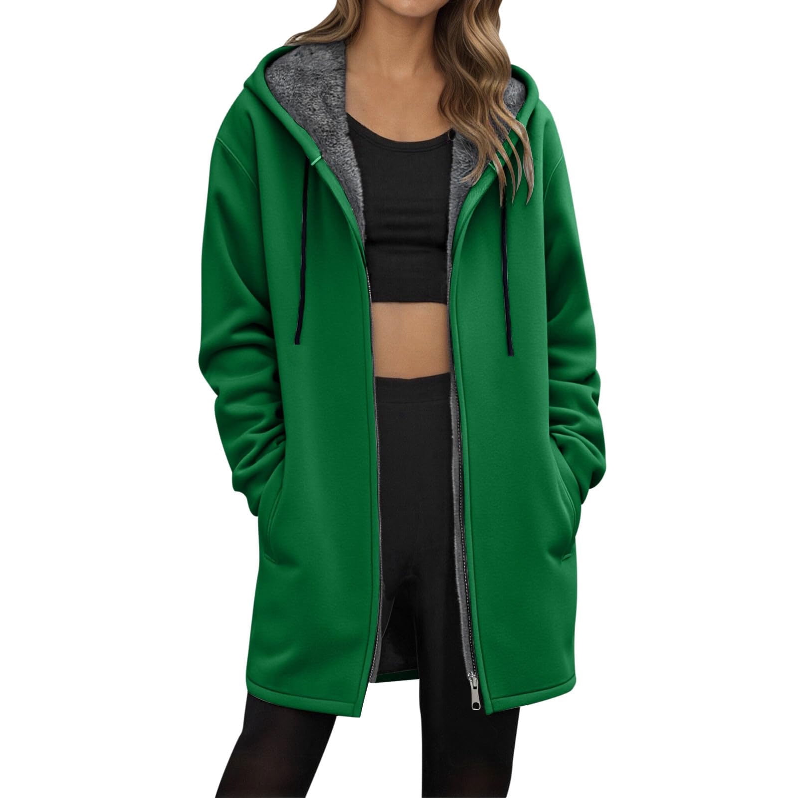 2. Ladies Thermal Hooded Fleece Coat with Long Zipper, Winter Warm ...