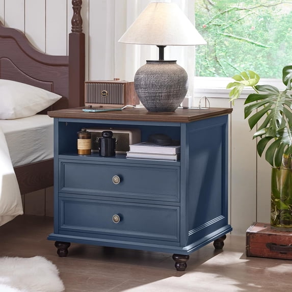 2 Large Drawer Nightstand with Charging Station, 24" Wide Night Stand ...