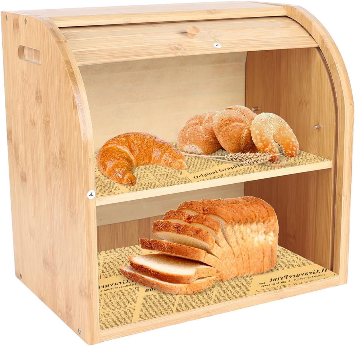 2-Layer Bamboo Bread Bin, Large Capacity Bread Storage Box with ...