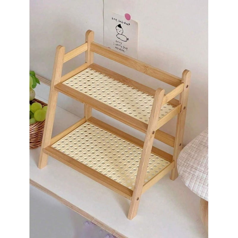 2-Layer Bamboo Tiered Storage Rack, White & Brown, Compact, Space ...