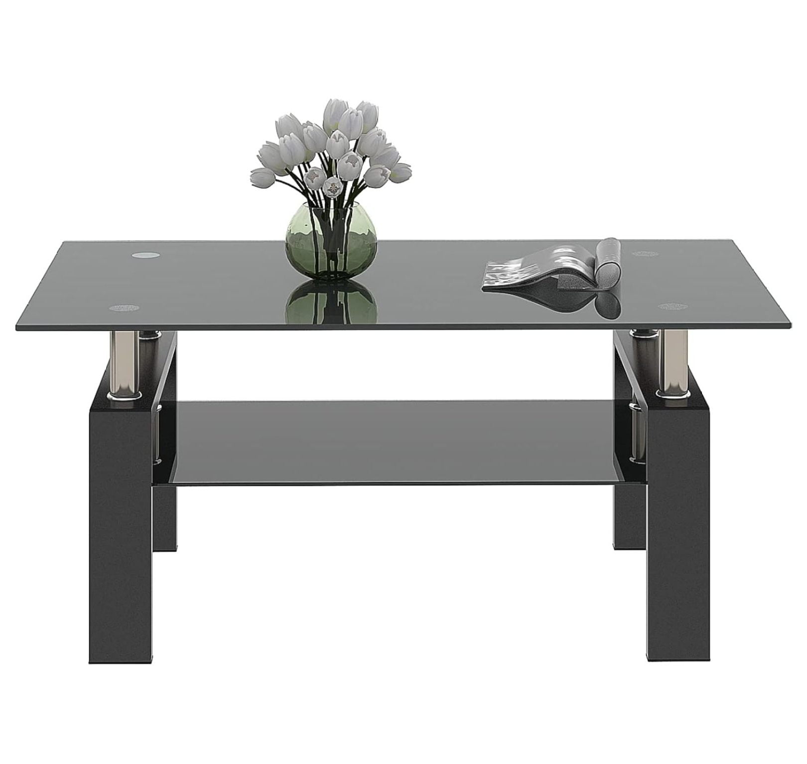 2-Layer All Black Glass Coffee Tables for Living Room, Rectangle Sofa ...