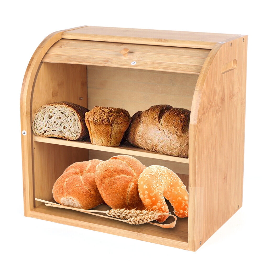 2-Layer Bread Box Bread Keeper Bamboo Wood With Lid Kitchen Storage ...