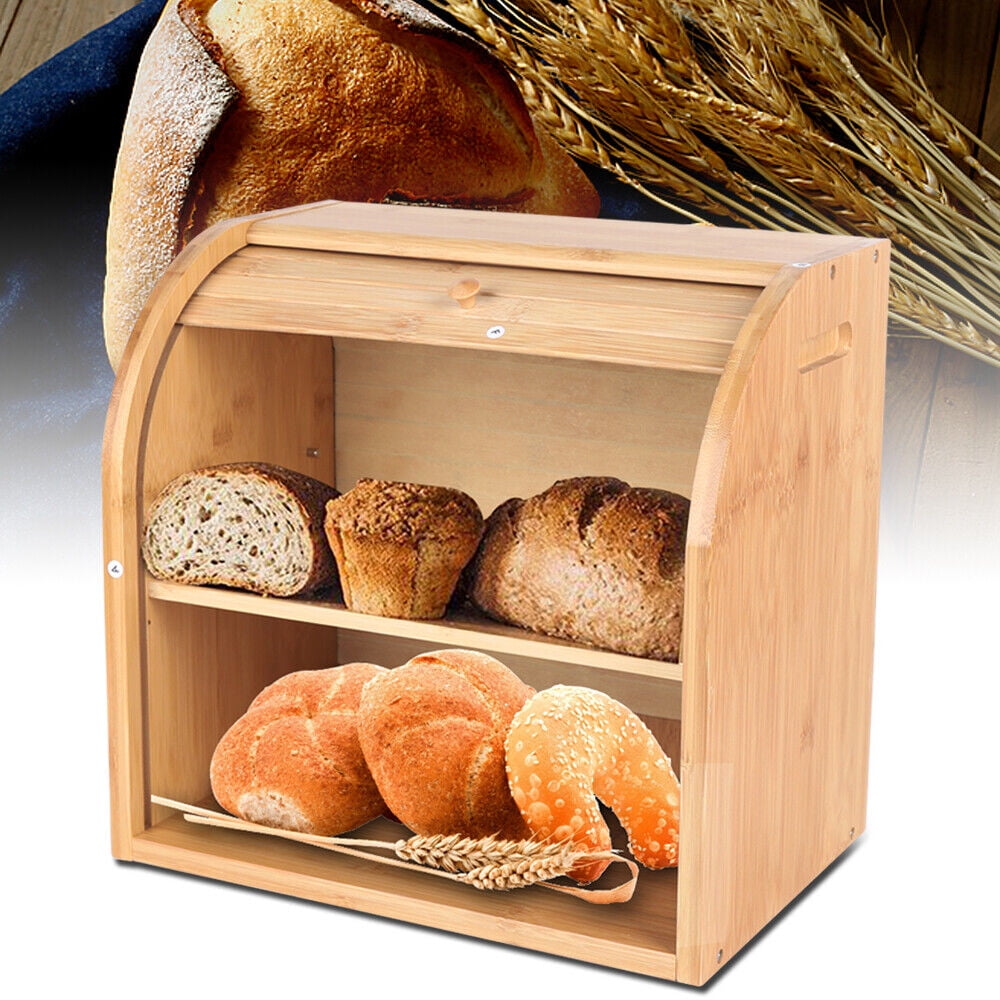 2-Layer Bread Box Bread Keeper Bamboo Wood with Lid Kitchen Storage ...