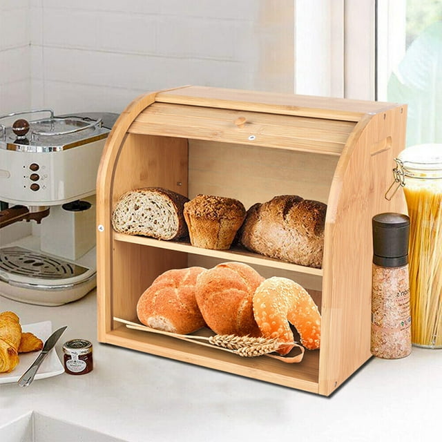 2-Layer Bread Box Bread Keeper Large Capacity Bamboo Wood With Lid ...