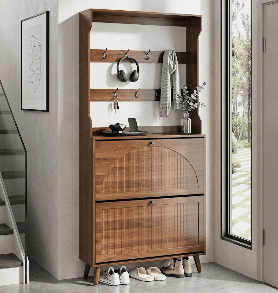 2-Layer Entryway Hall Tree with Shoe Storage Cabinet, Coat Hooks and ...