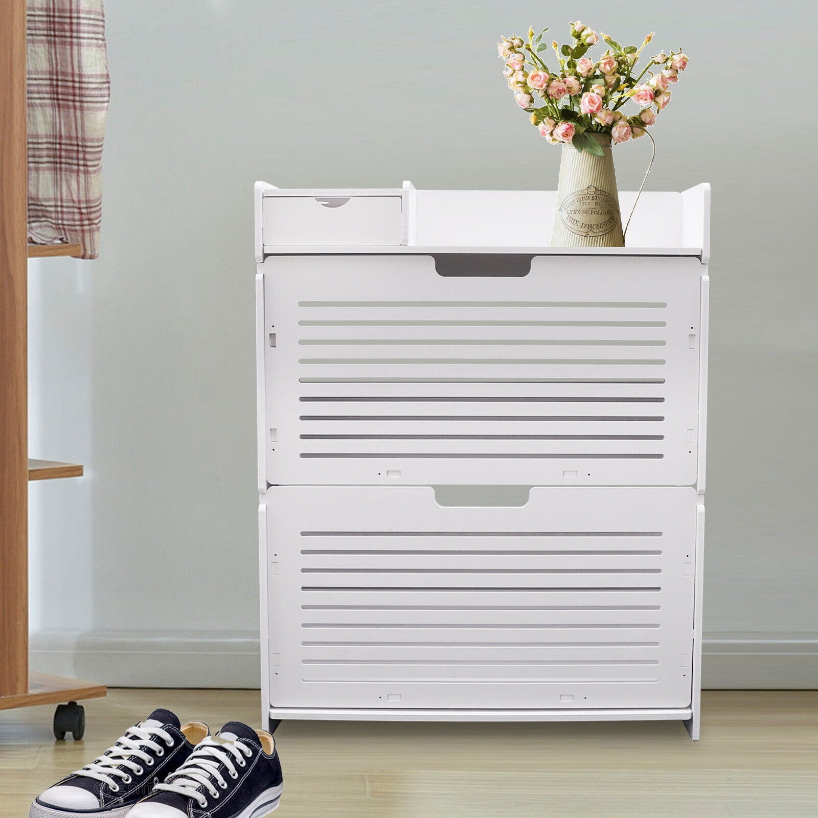 2-Layer Flip Drawer Shoe Storage Cabinet Organizer PVC Narrow Shoe Rack ...