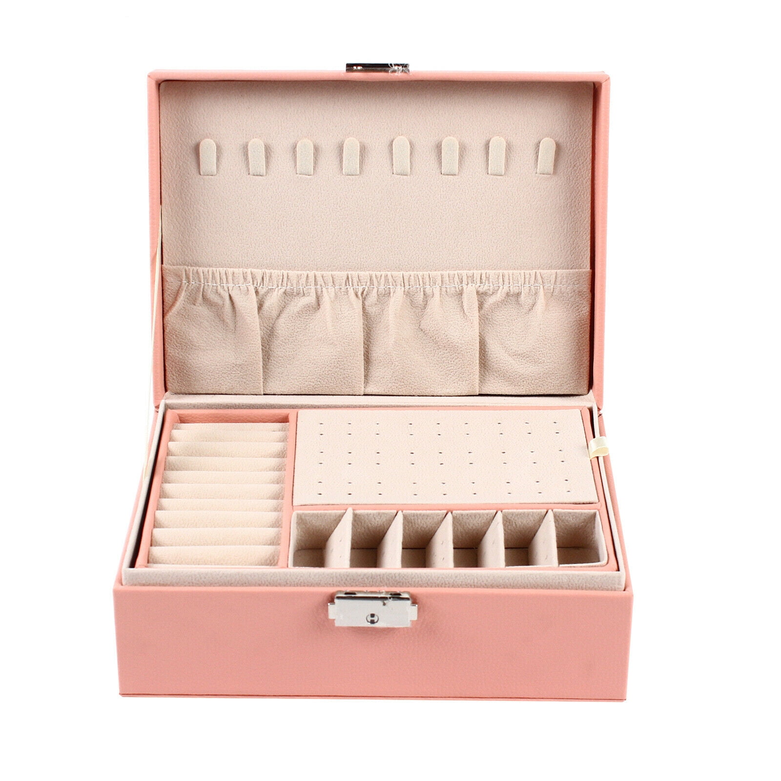 2-Layer Jewelry Box Lockable Organizer Case Modern Style Pu Leather ...
