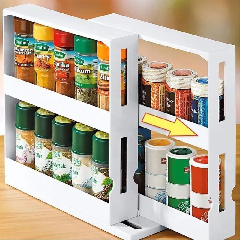 2 Layer Kitchen Storage Slide Cabinet Rotating Organize Spices Jar ...