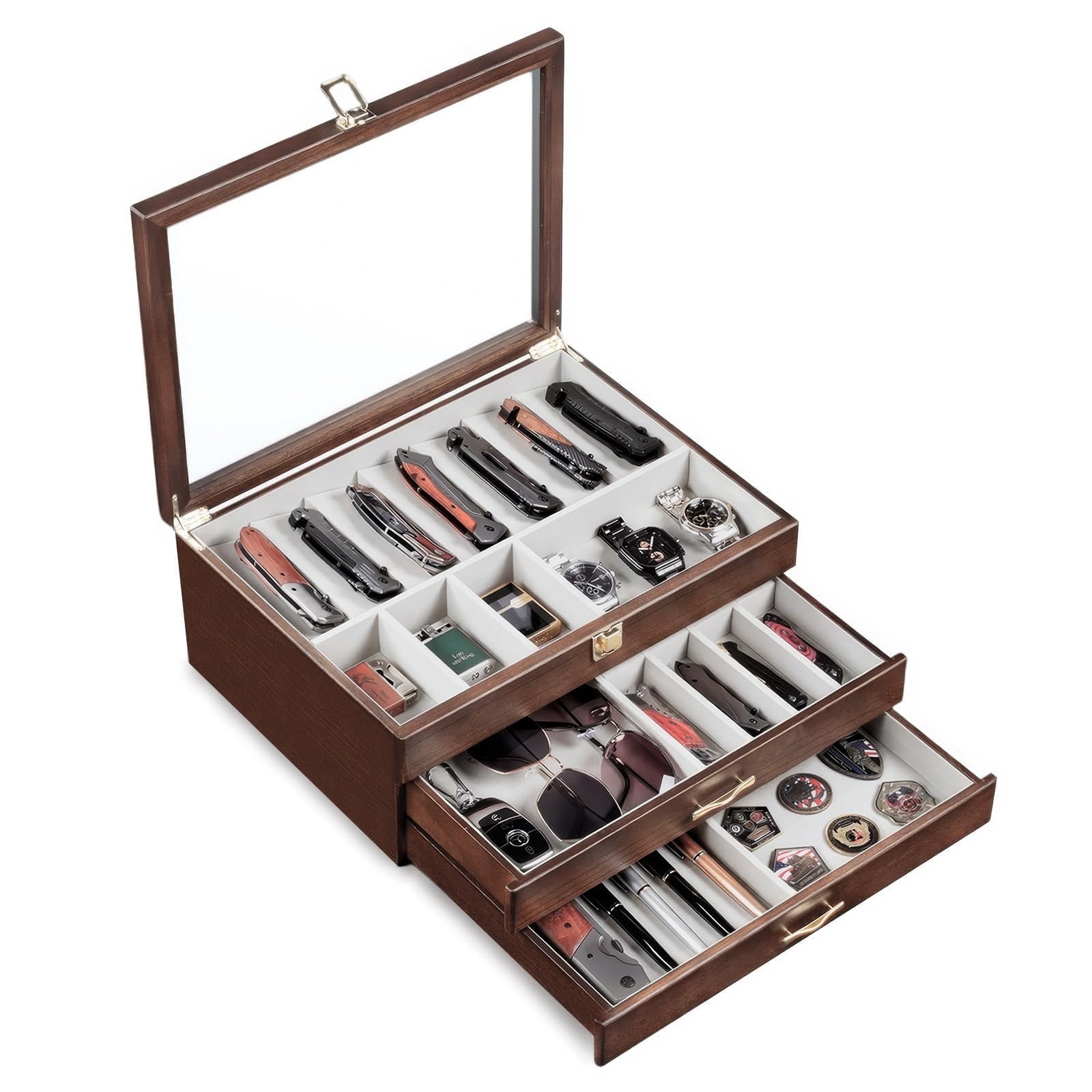 Honiway, 3-Layer Knife Display Case, Walnut with Glass Lid & Drawers ...