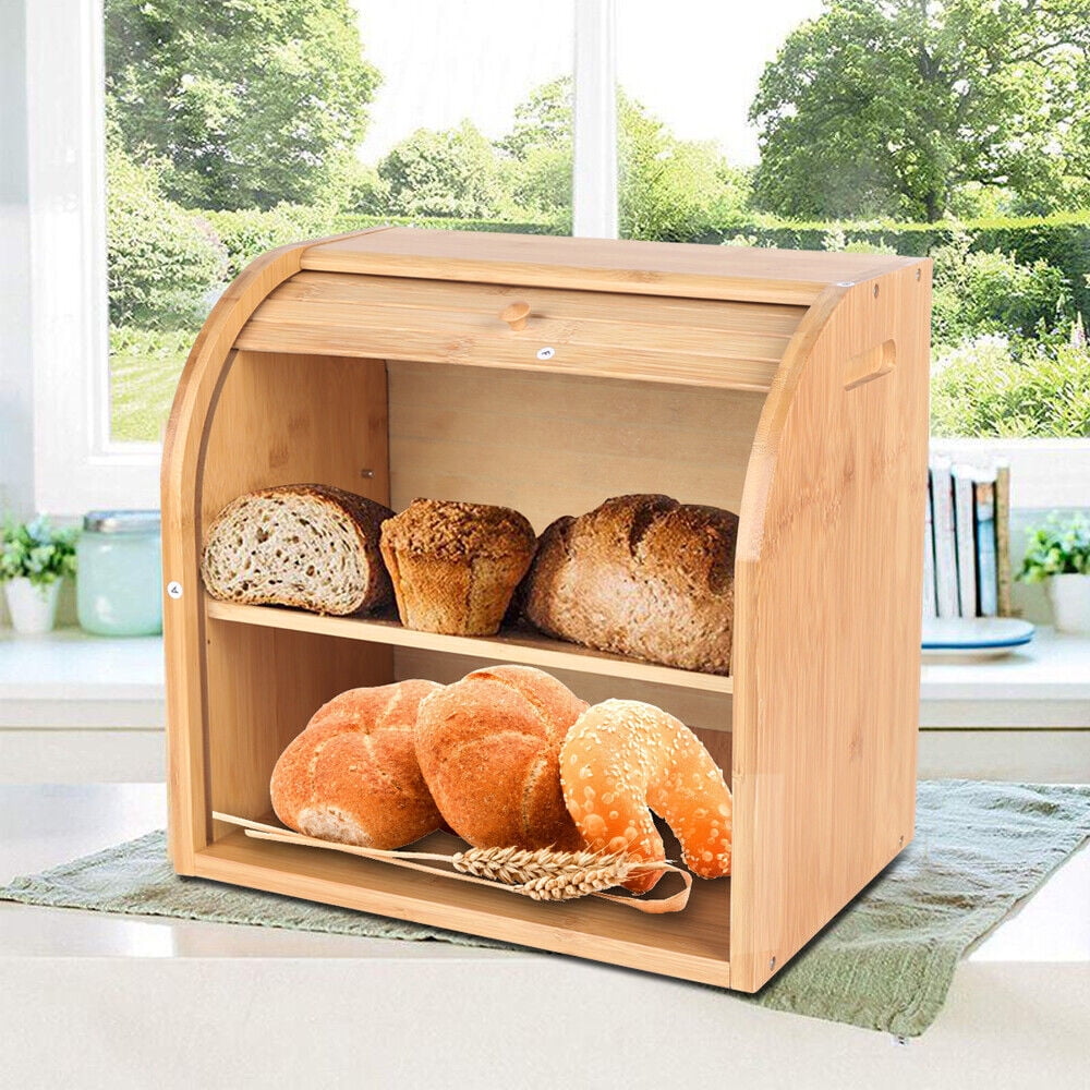 2-Layer Large Bread Box Bread Food Storage Boxes Bamboo Kitchen Counter ...