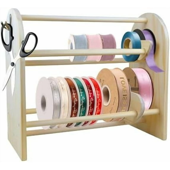 2-Layer Large Capacity Wooden Ribbon Holder Organizer Rack Ribbon Roll ...