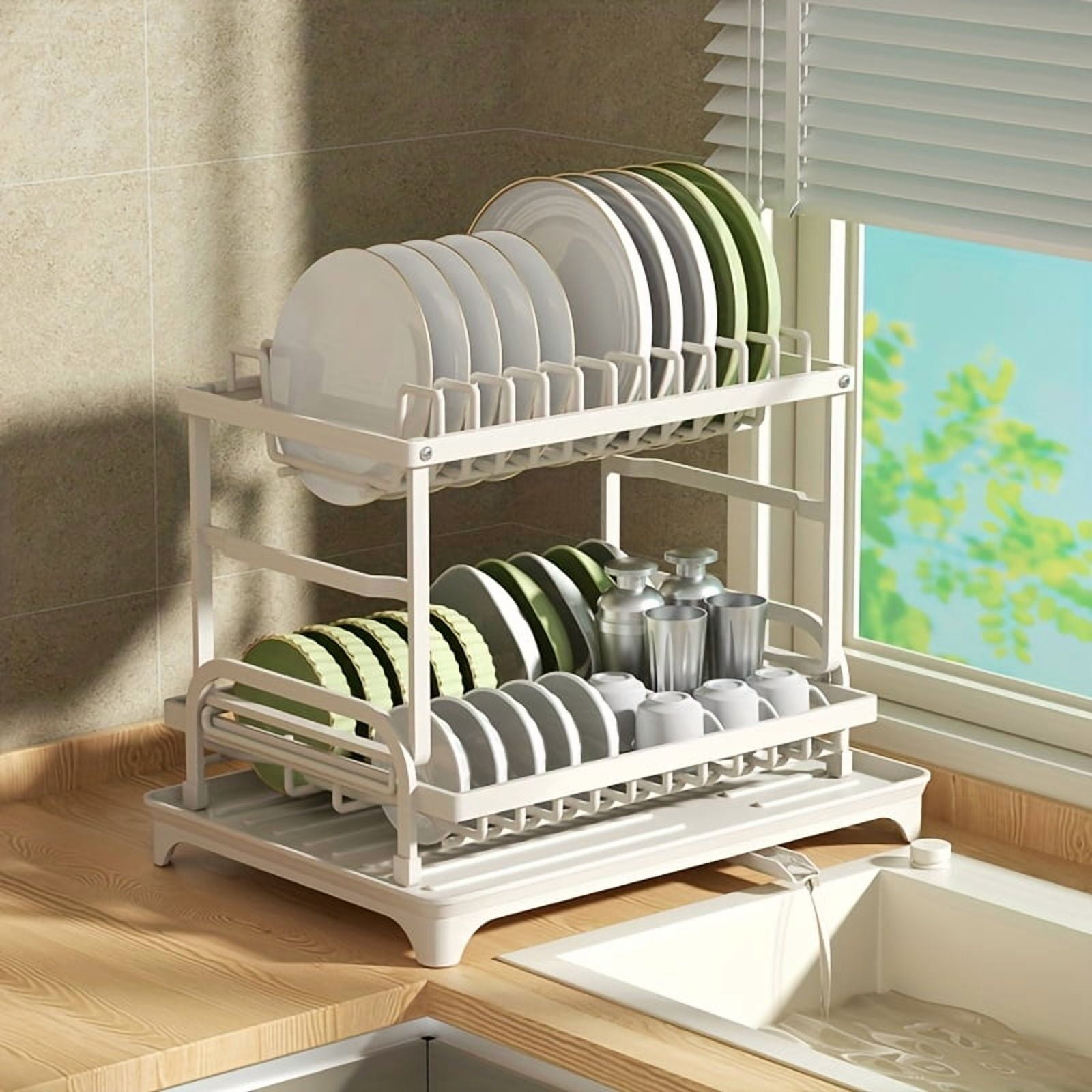 2-Layer Metal Dish Rack Set with Drain Board - Includes Glass & Cutlery ...