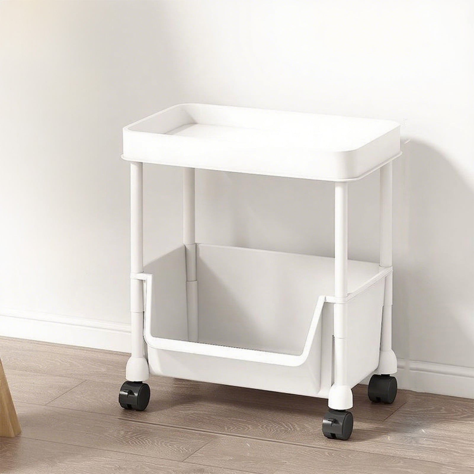 2 Layer Movable Storage Rack With Wheels & Hooks, Plastic Organizer for ...