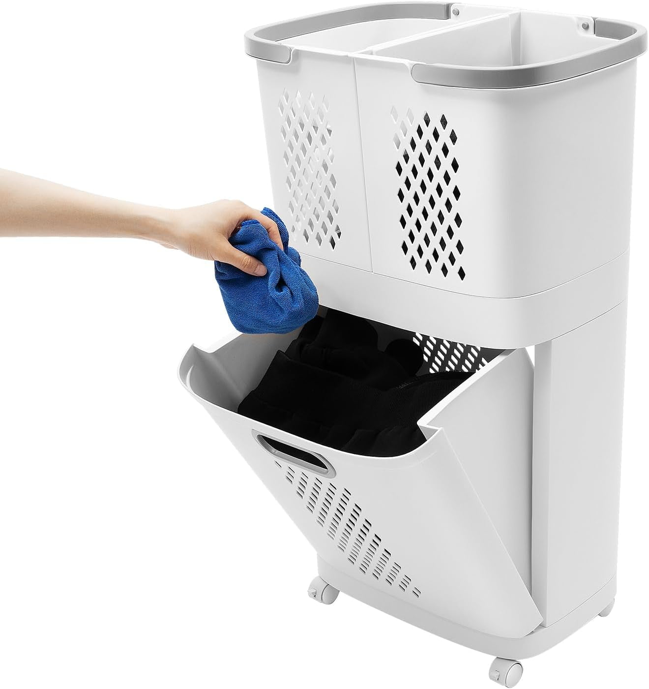 2 Layer Portable Laundry Basket, 3 Basket Movable Household Bathroom ...