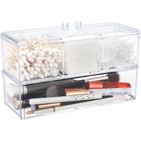 2 Layer Qtip Holder Transparent 3 Compartments Cotton Ball and Swab ...