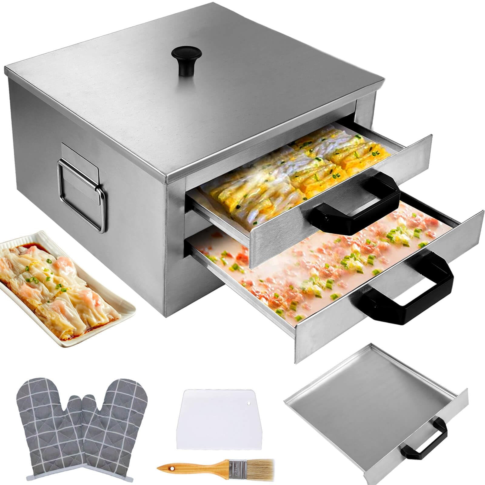 2-Layer Rice Noodle Roll Steamer, Stainless Steel Extra Tray with Thick Plastic Handle, Top Open ...