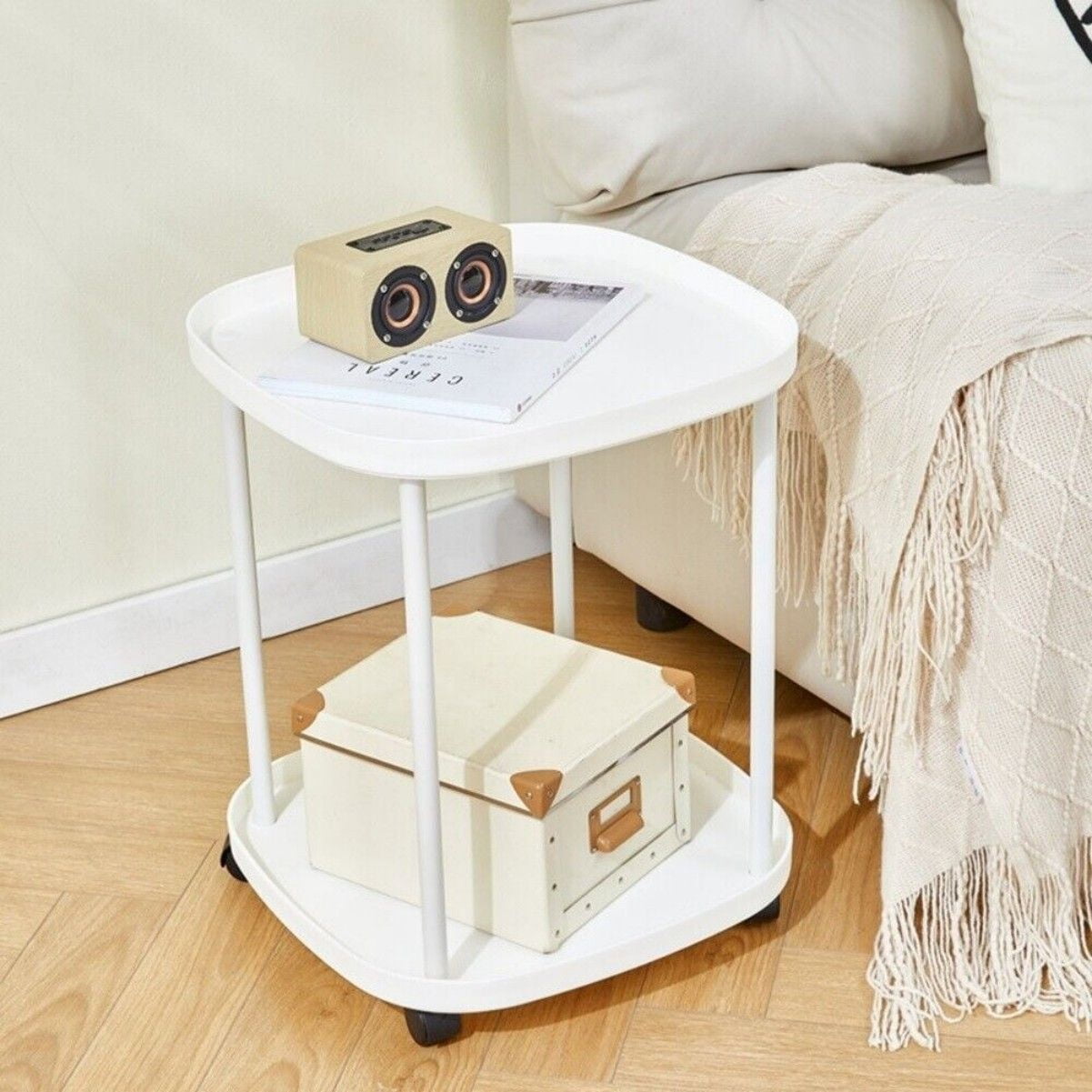 2 Layer Side Table w/Wheels Sofa End Table NightStand for Bedroom ...