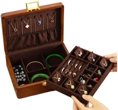 2 Layer Solid Wooden Jewelry Box with Lock and Key for Women Men ...