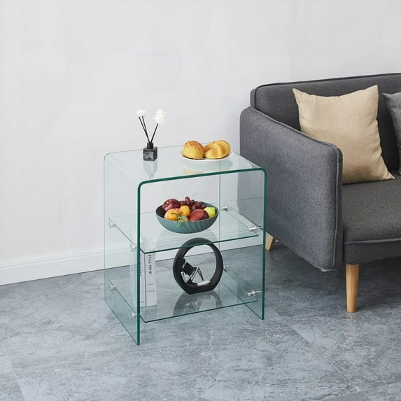 2-Layer Tempered Glass Side Table with Clear Glass - Versatile for Home ...