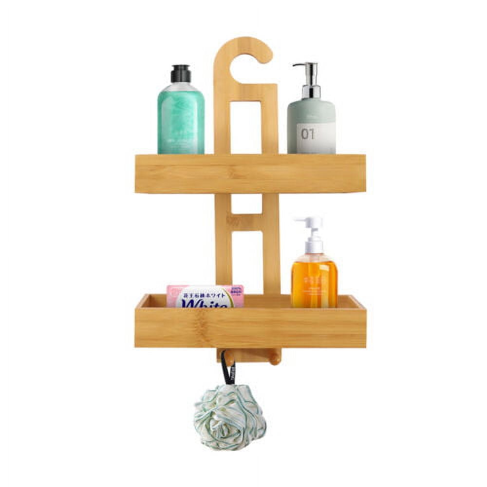 2 Layers Bamboo Shower Caddy Shelf Bathroom Storage Rack Hanging Shower ...