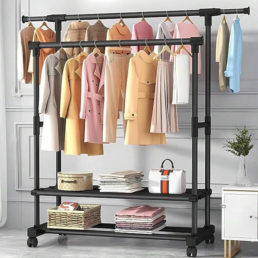 2 Layers Double Rail Heavy Duty Clothing Rolling Rack On Wheels For ...