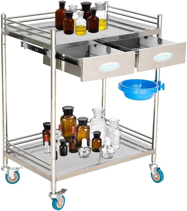 2 Layers Lab Serving Cart, Lab Utility Rolling Cart Stainless Steel ...