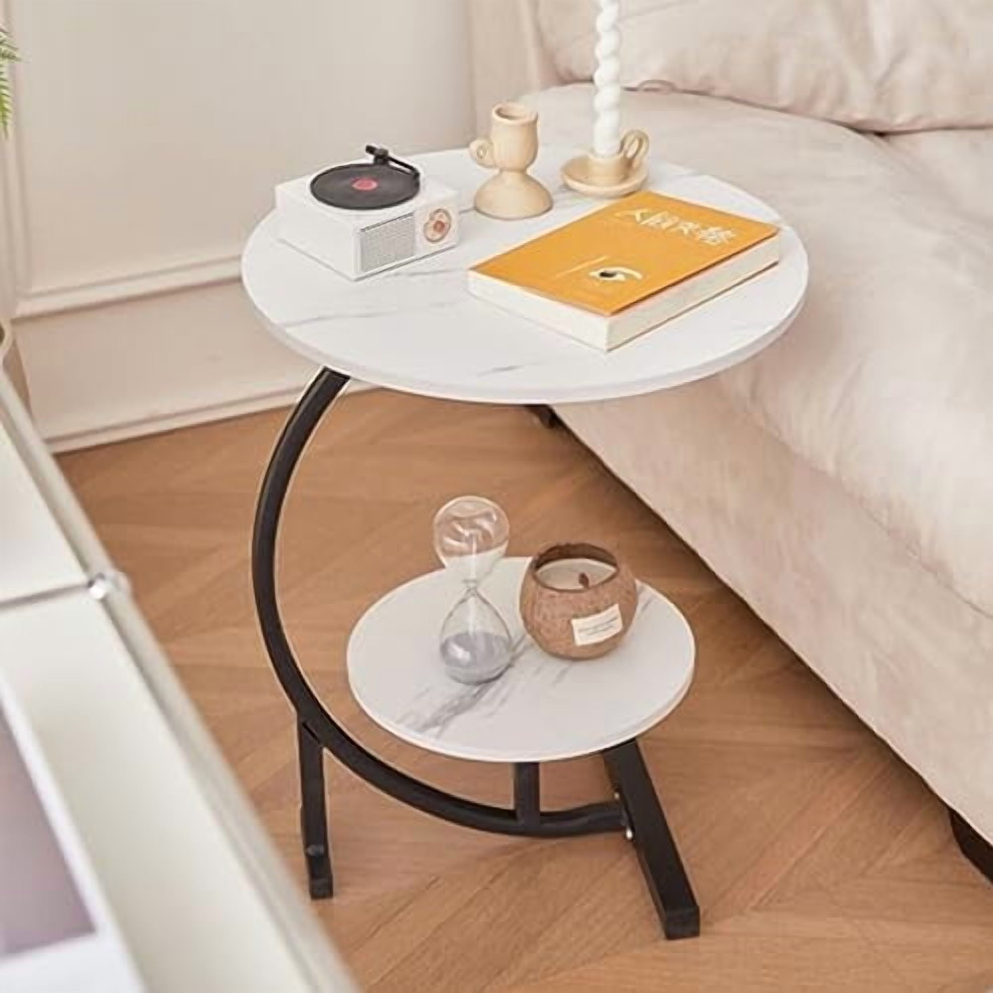 2 Layers Round Marble Texture Small C-Shaped Side Table,Snack Side ...