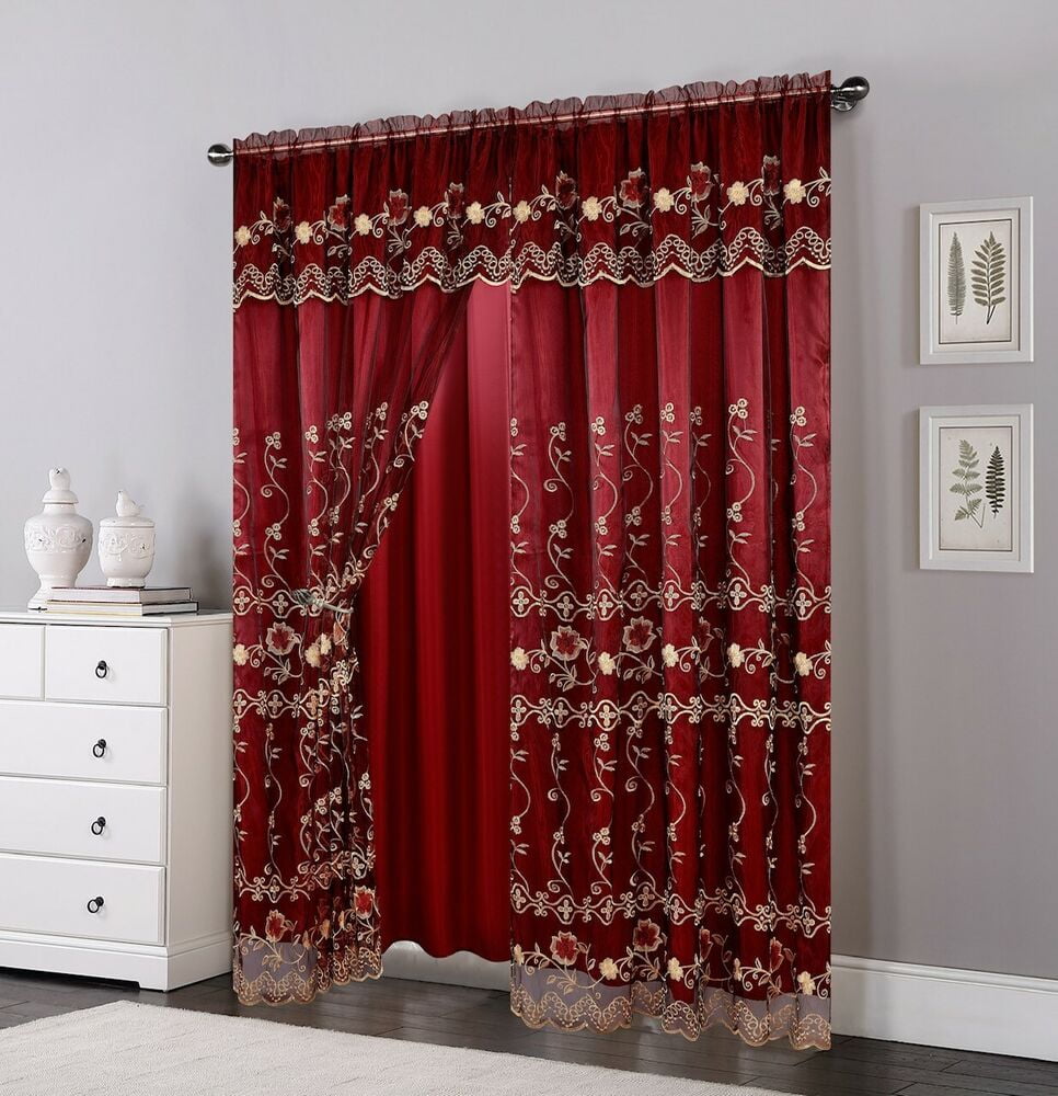 2 Layers Voile Sheer Embroidered Rod Pocket Window Curtain Panel and ...