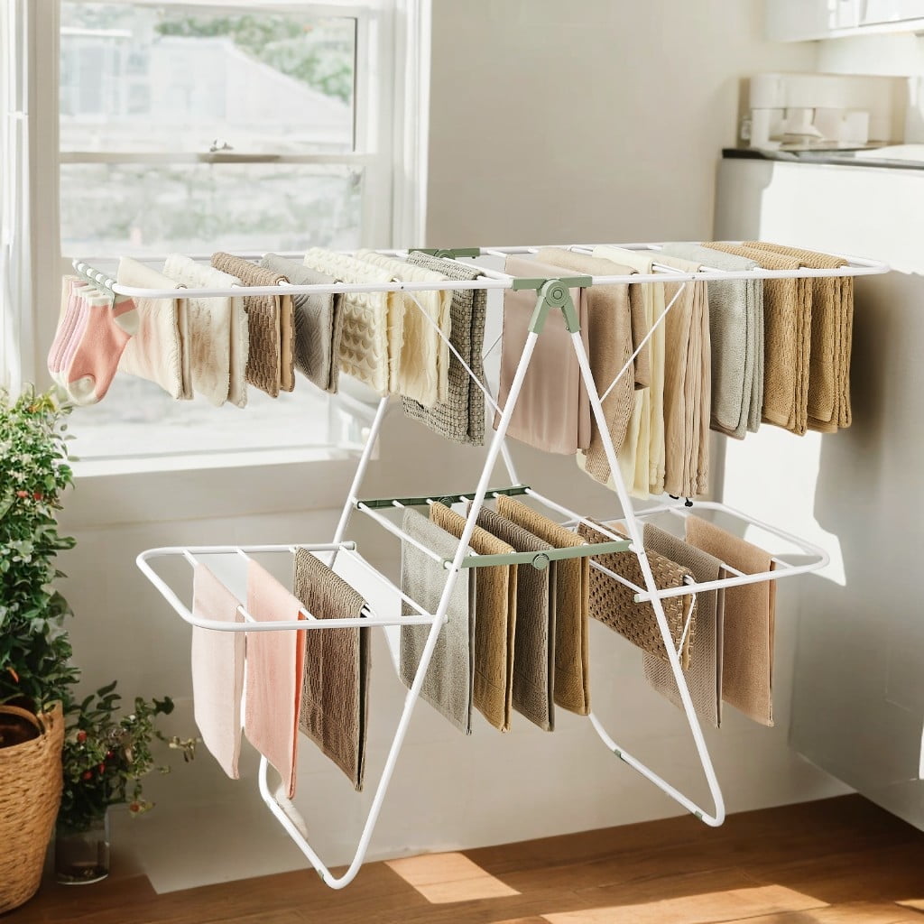 2-Level Foldable Clothes Drying Rack with Height-Adjustable Wings, Free ...