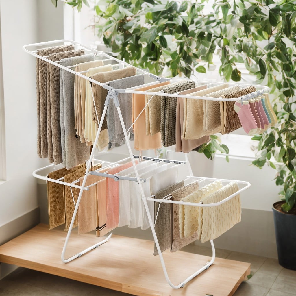 2-Level Foldable Clothes Drying Rack with Height-Adjustable Wings, Free ...