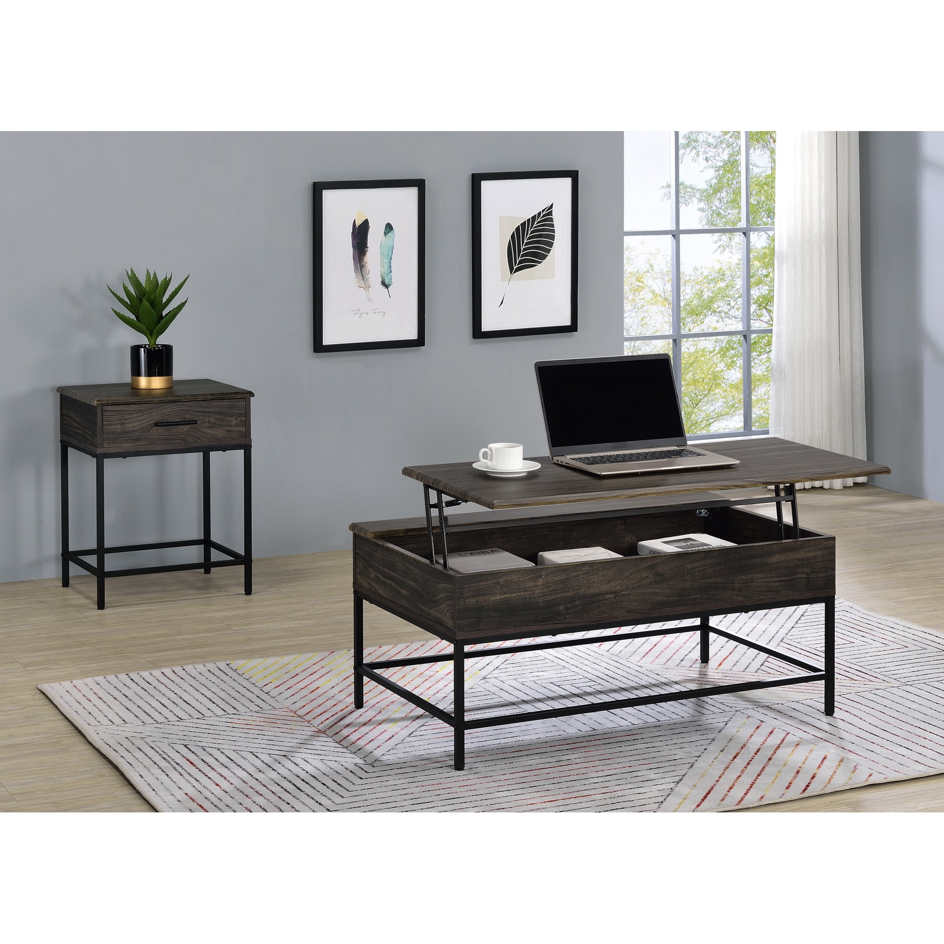 2 Lift Top Coffee And End Table In Brown. Beveled Edge Tabletops Black ...