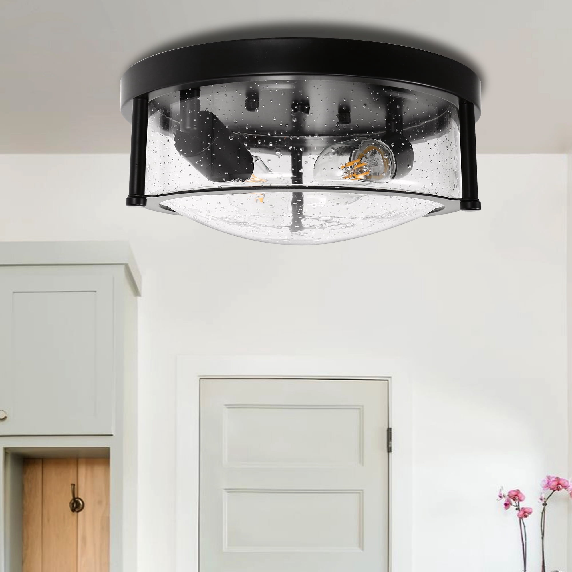 2-Light Black Industrial Flush Mount with Seed Glass Shade for Entryway ...
