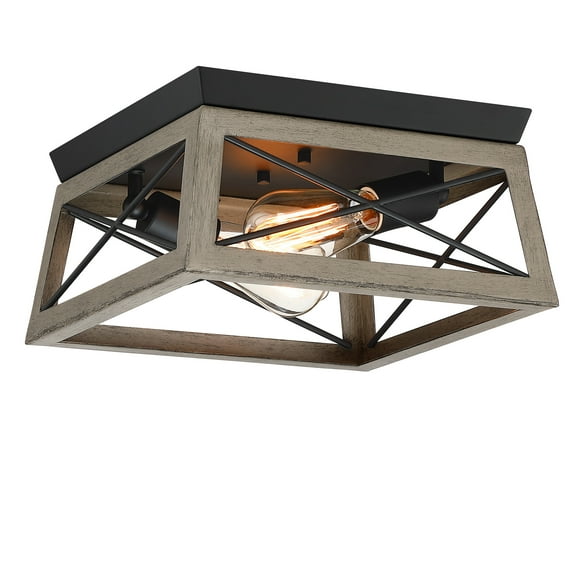ASIASN-2-Light Industrial Flush Mount Ceiling Light Fixture, Wood ...